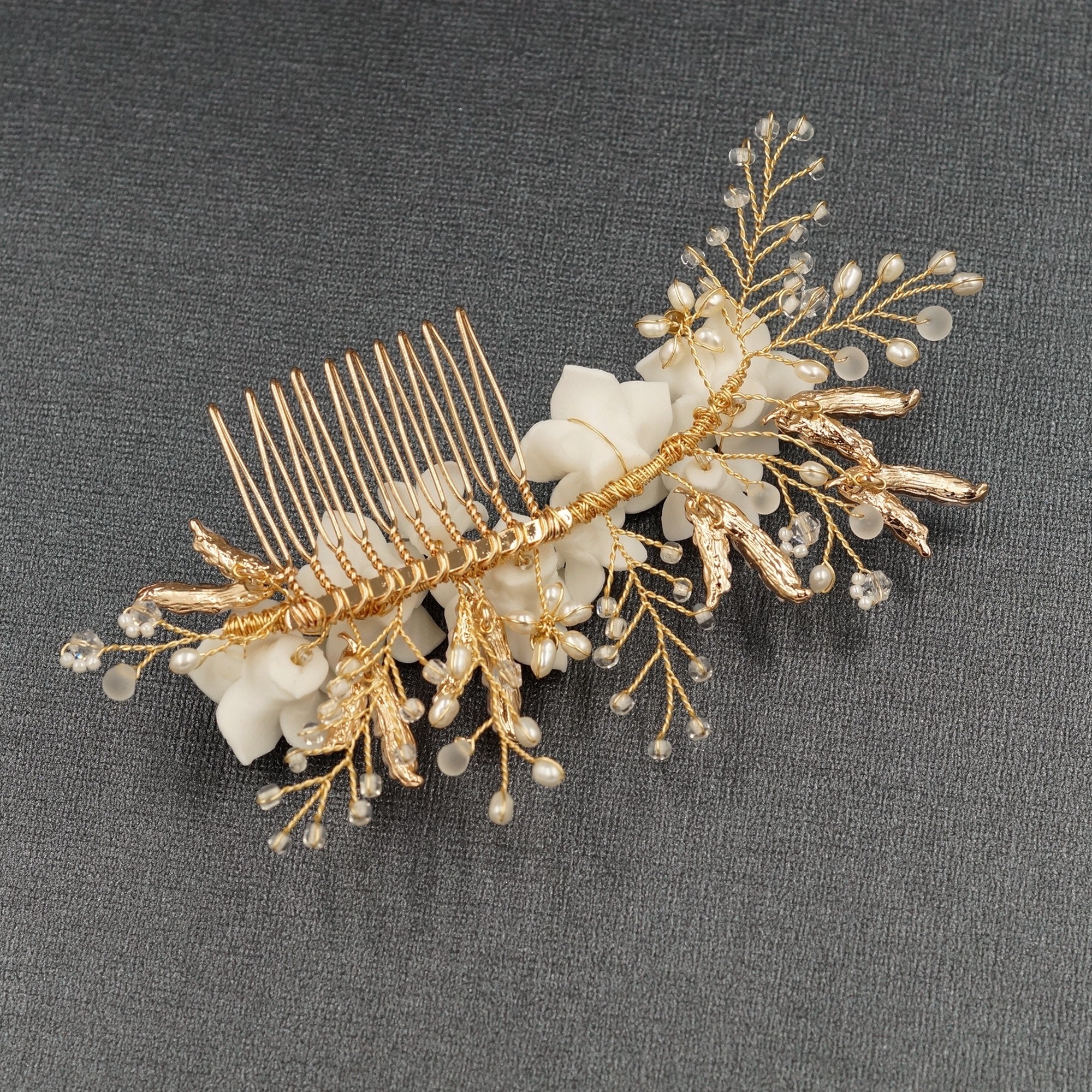 Floral Wedding Hair Comb Bridal Hair Comb Gold Freshwater Etsy