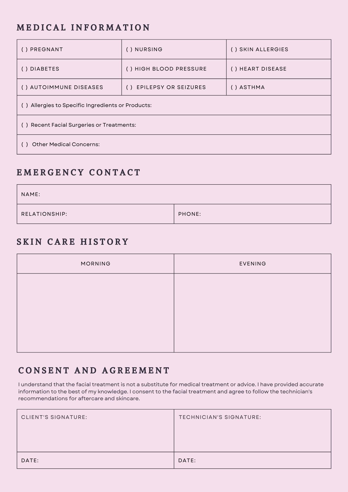 EDITABLE Facial Consultation Form, Client Intake Form,beauty Salon ...