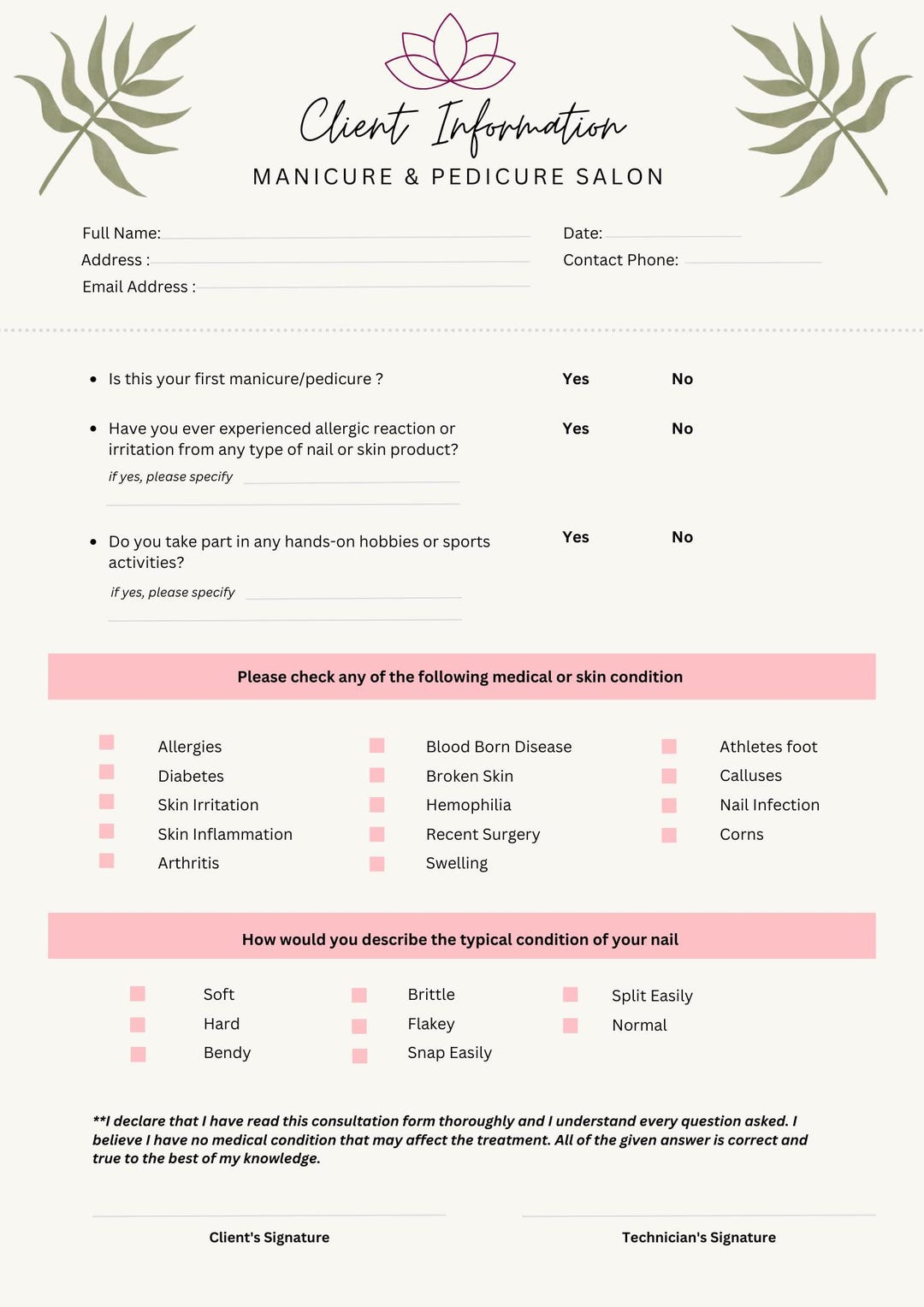 Editable Spa Intake Form, Pedicure Intake Form, Manicure Intake Form - Etsy