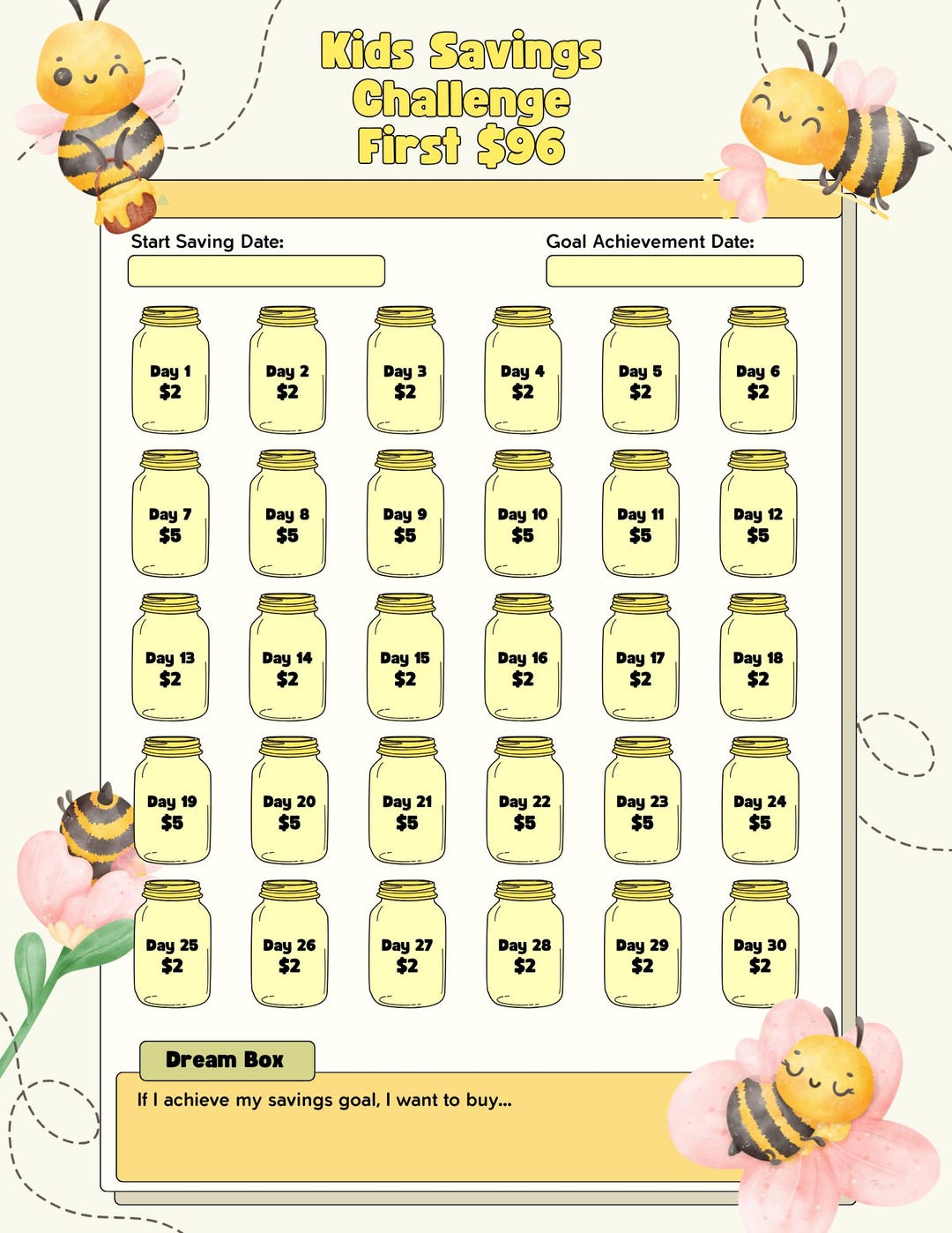 Editable 30 Day Money Savings Challenge, Money Challenge Kids, 30 Day ...