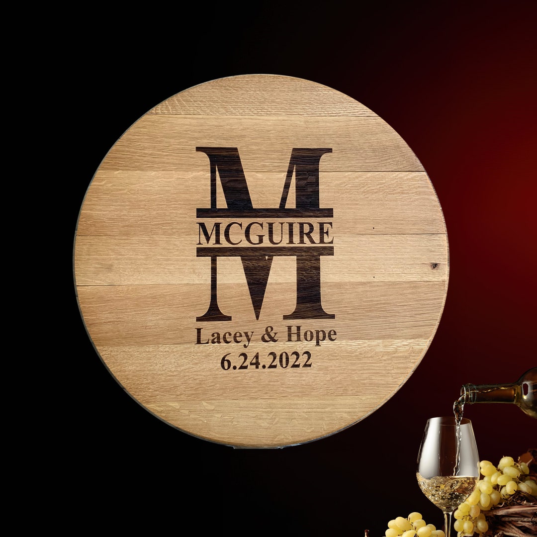 Wine Barrel Head With Split Letter Monogram Design for Wedding Guest ...