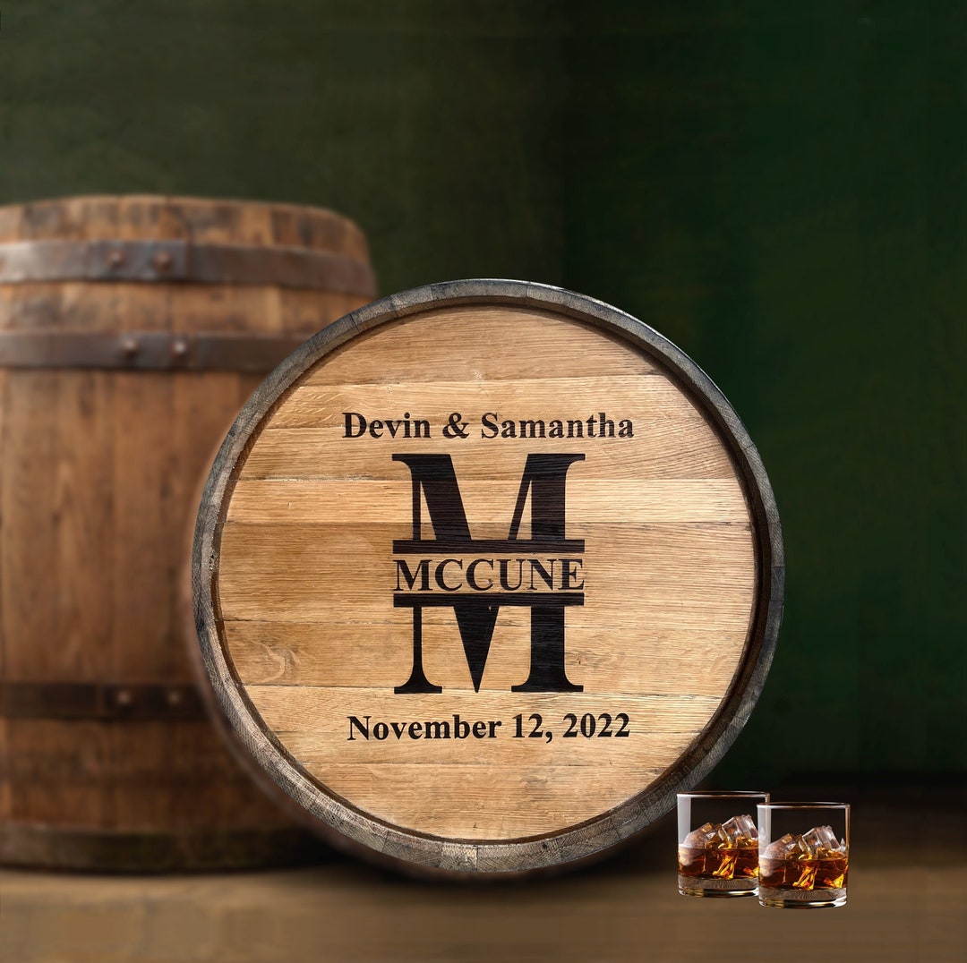 Custom Whiskey Barrel Lid With Iron Strap and Split Monogram- Engraved ...