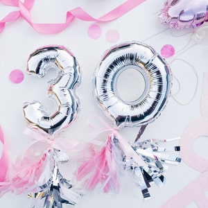 Mini Number Balloon Inflated With Cup & Stick - Silver Foil Mylar With ...