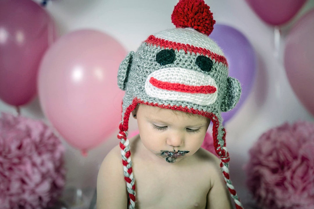 Sock Monkey Trapper Hat, All Ages, Birthday Smash Cake Hat, Earflap Hat ...
