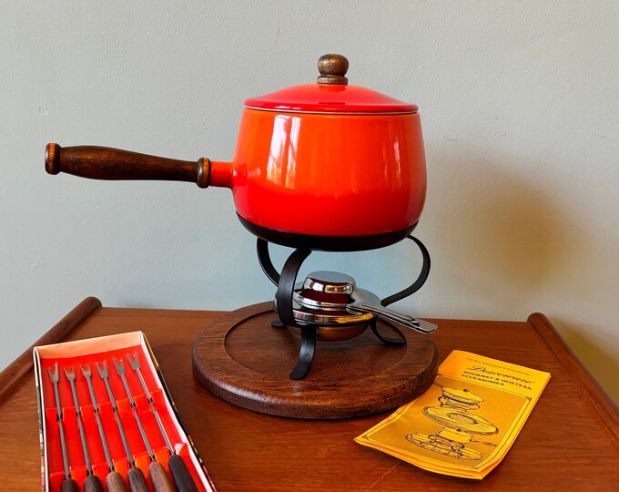 Vintage Flame Red Fondue Pot on Black Stand With Wood Tray, Warmer ...