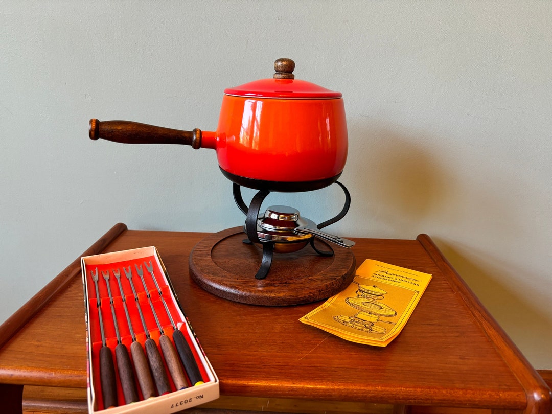 Vintage Flame Red Fondue Pot on Black Stand With Wood Tray, Warmer ...