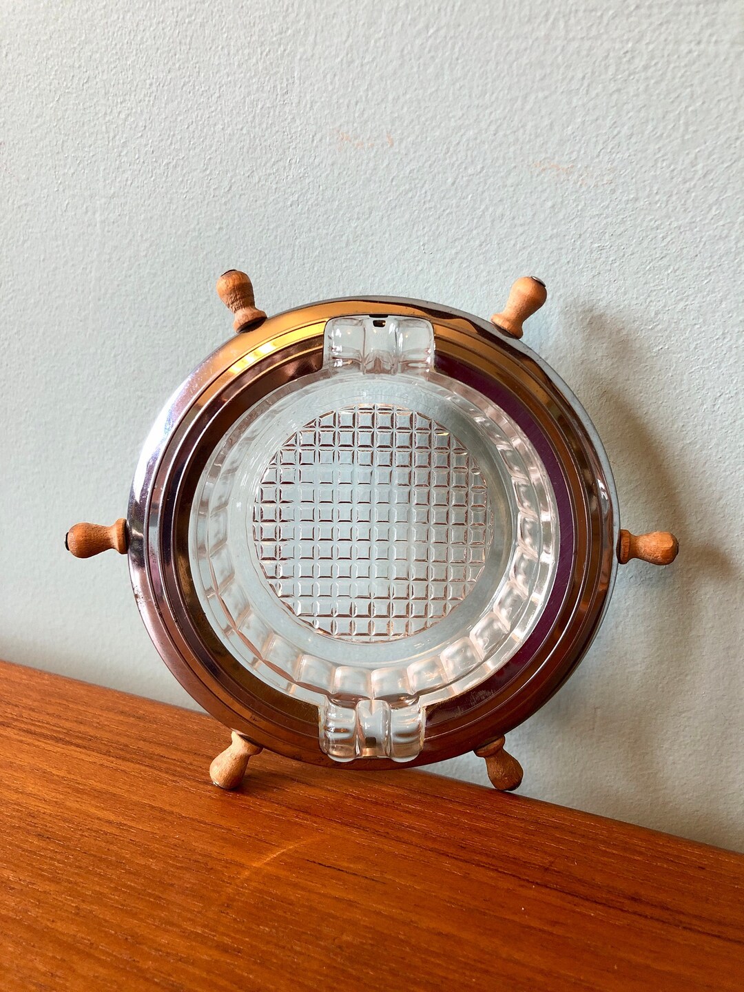 Vintage Mid Century Modern Nautical Ship Helm Wheel Glass Chrome ...