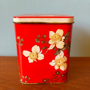 One Vintage Tin Decorative Metal Storage Container, Retro Red Floral ...