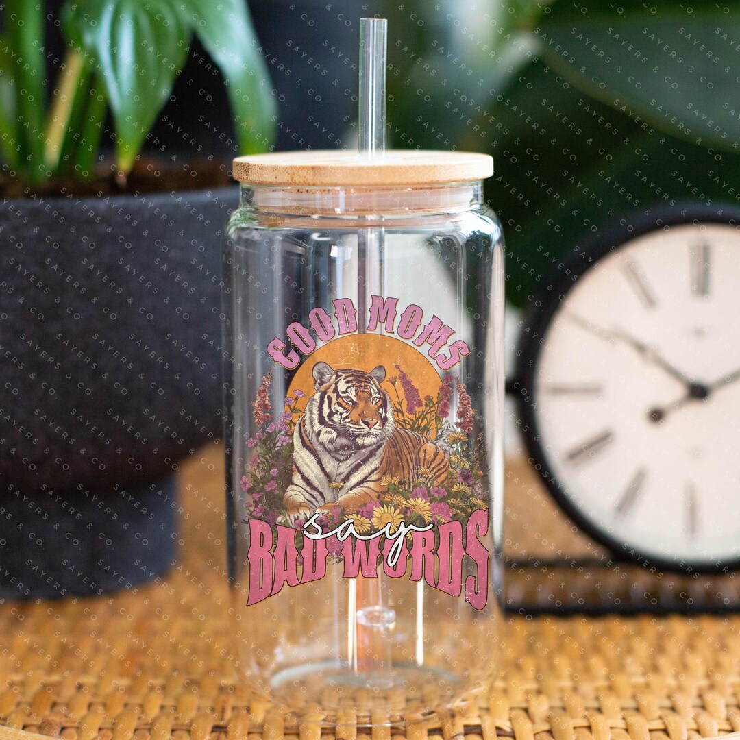 16oz Glass Libby 100164 Good Moms Say Bad Words Cup With Bamboo Spill ...