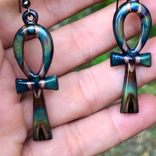 Ankh Earrings Flame Colored Copper Ankh Jewelry Egyptian | Etsy