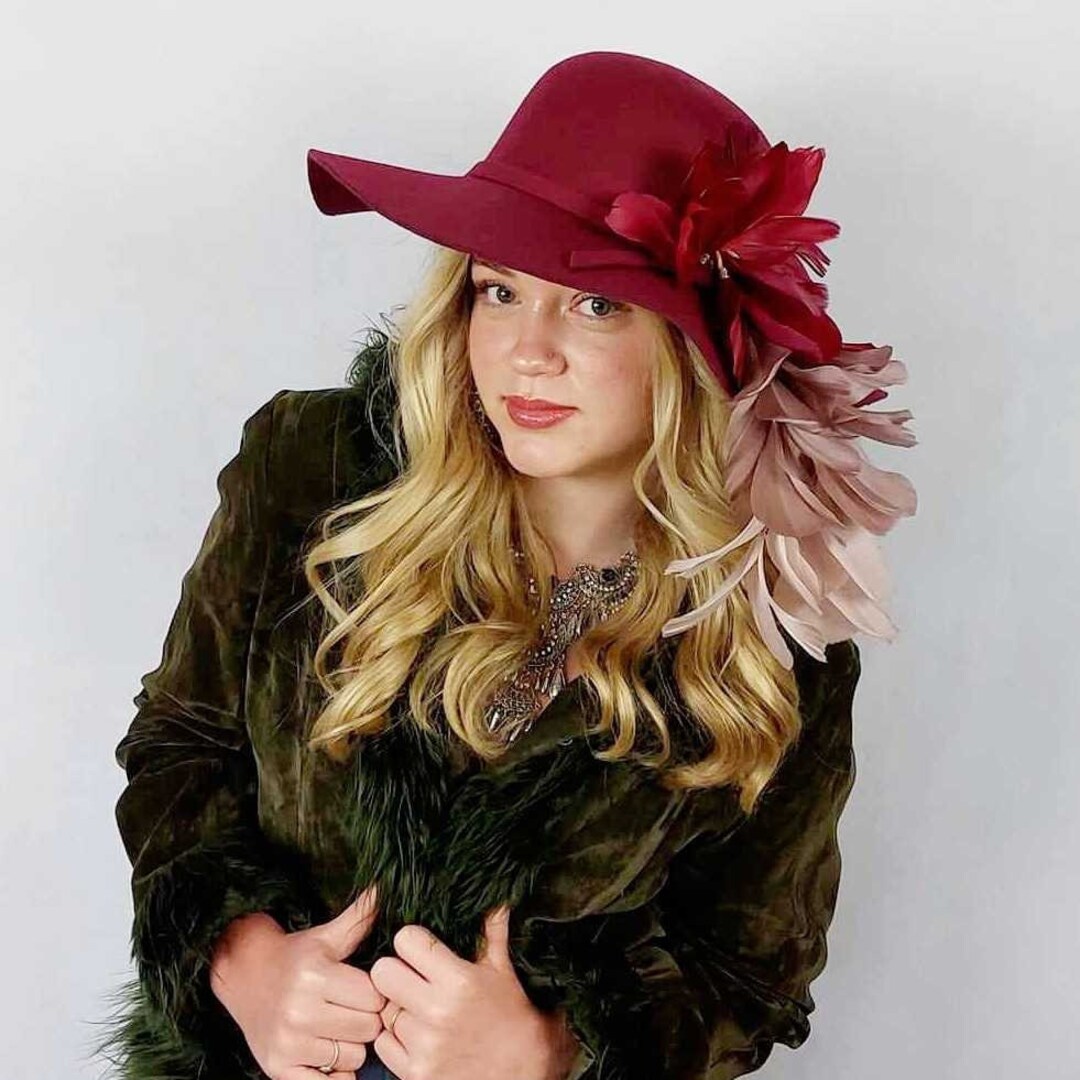 Mauve Ombré Feather Hat Burgundy Felt Floppy Hat Vintage 70s Style Hat ...