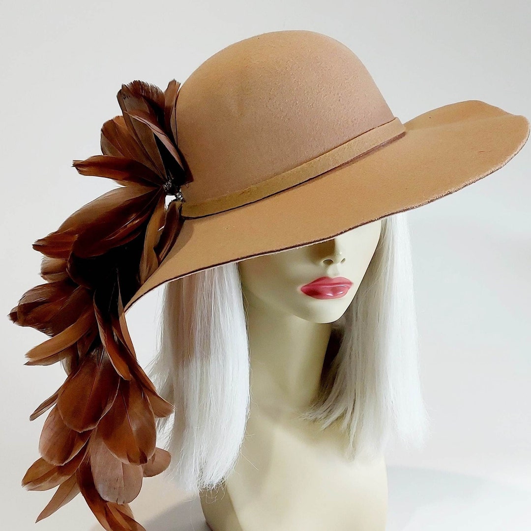 Feather Hat Brown Tan Felt Floppy Hat Boho Festival Hat Derby Race Day ...