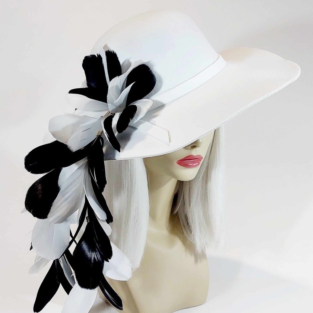 Black and White Feather Derby Day Hat White Felt Floppy Hat Royal Ascot ...