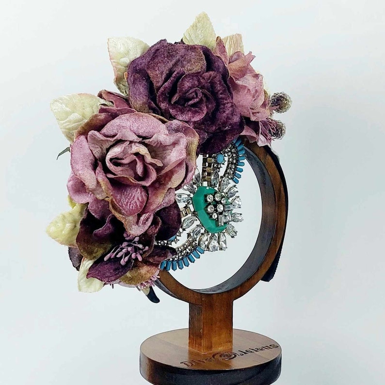 Mauve Antique Purple Velvet Rose and Jade Blue Jewelled Vintage Style ...