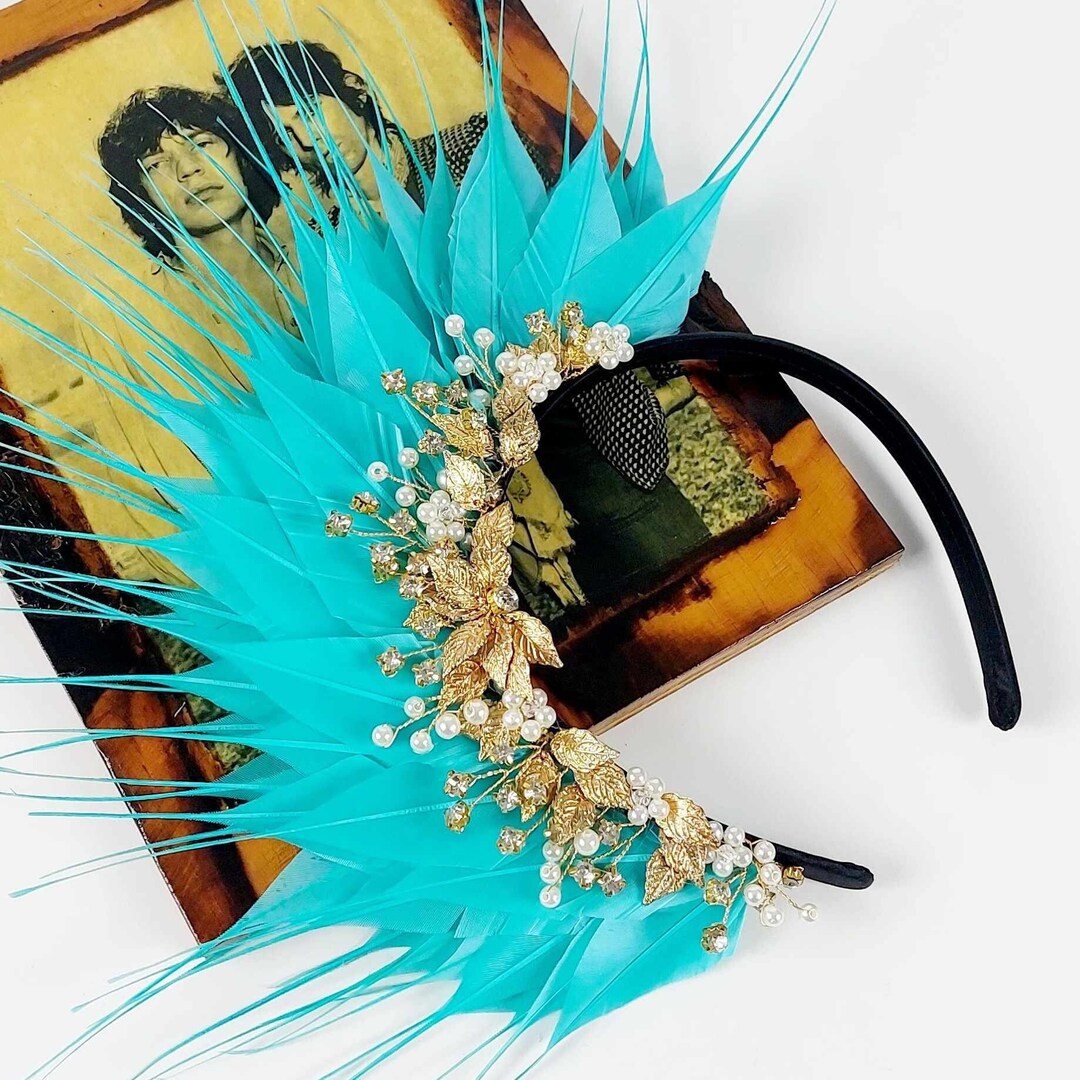 Aqua Blue Fascinator Melbourne Cup Race Day Aqua Feather and Jewelled ...