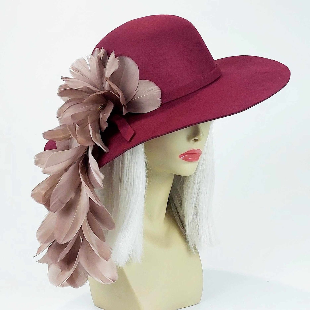 Feather Hat Latte Pink Feathers, Burgundy Felt Hat, Festival Hat ...