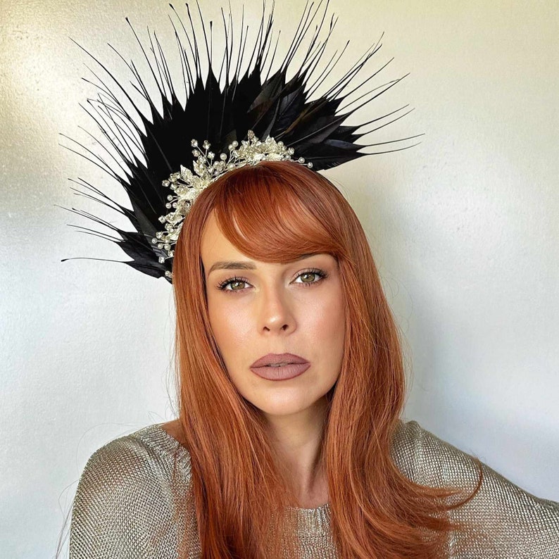Black Feather Fascinator Feather Headband Kentucky Derby Silver Jeweled ...