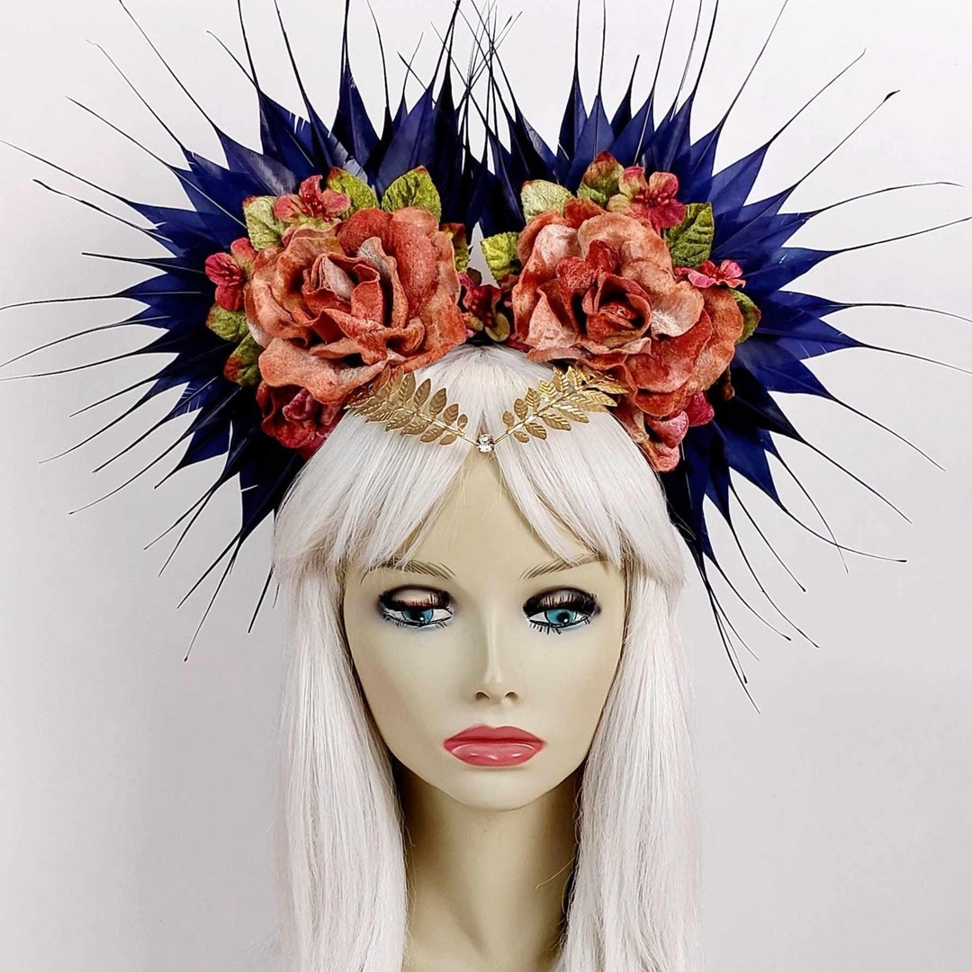 Navy Blue Feather Rust Orange Rose Pink Velvet Rose Flower Headpiece ...