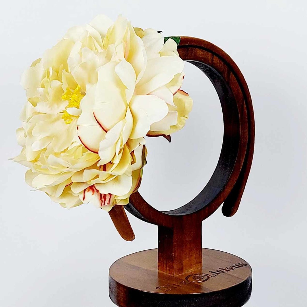 Cream Silk Peony Flower Headpiece Tan Brown Green Velvet Headband ...