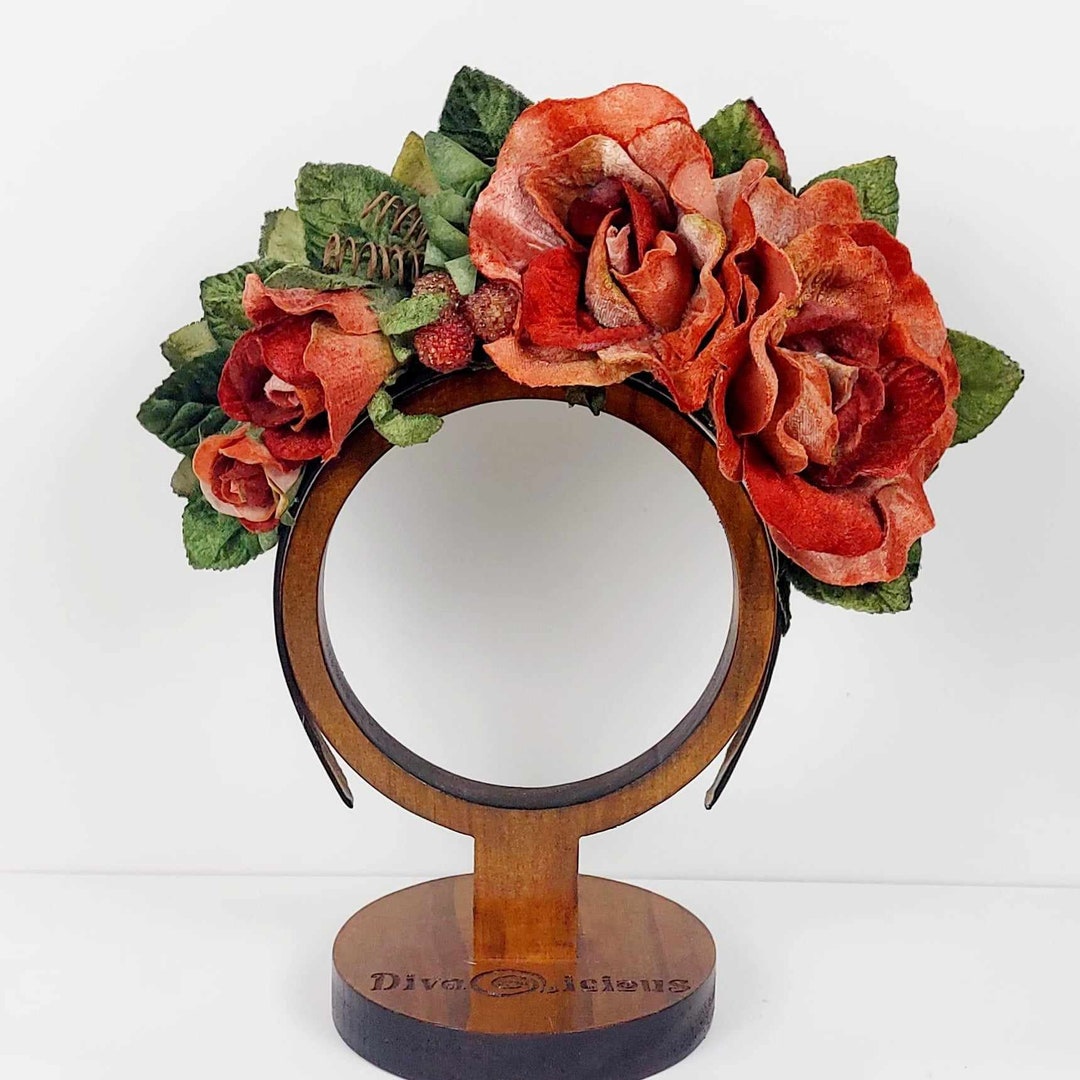 Rust Orange Velvet Rose Headpiece for Races Flower Headband for Wedding ...