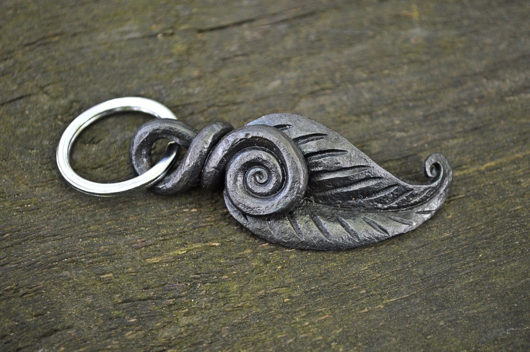 Forged Leaf Keychain With a Spiral / Blacksmith Hand Made Keyring - Etsy