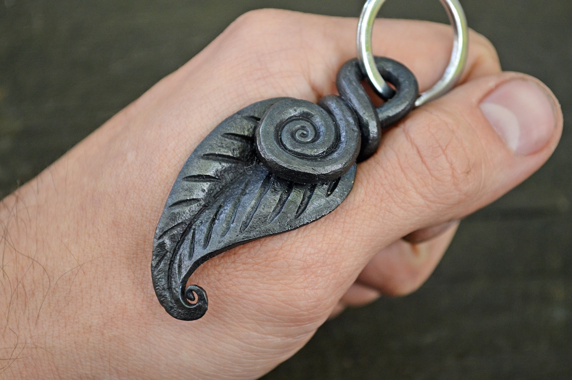Forged Leaf Keychain With a Spiral / Blacksmith Hand Made Keyring - Etsy