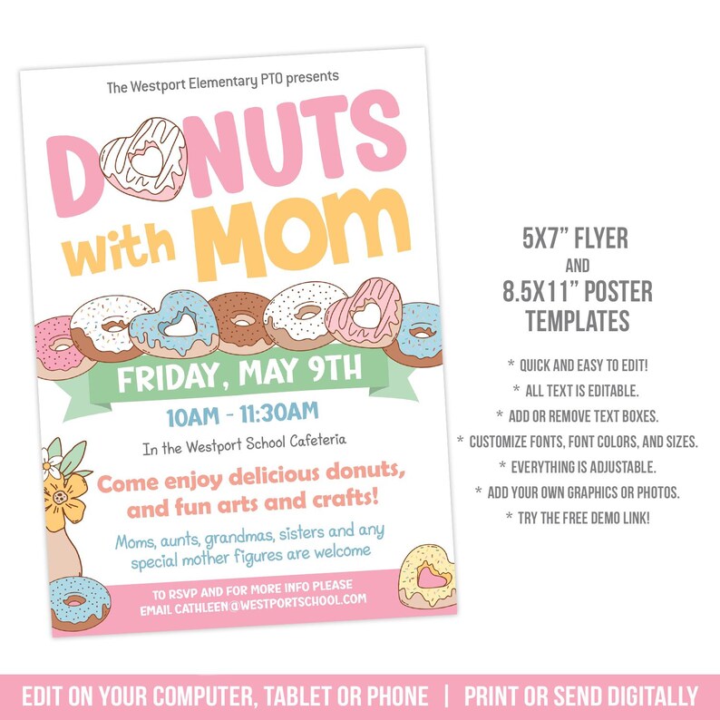 Editable Donuts With Mom Invitation Flyer, School Mother's Day ...