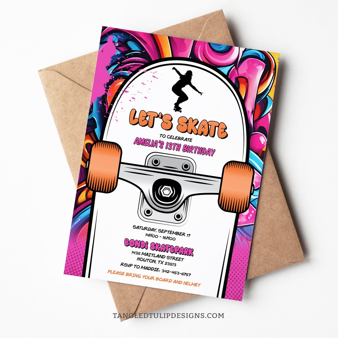 Skater Girl Birthday Invitation Template. EDITABLE Skateboarding Party ...