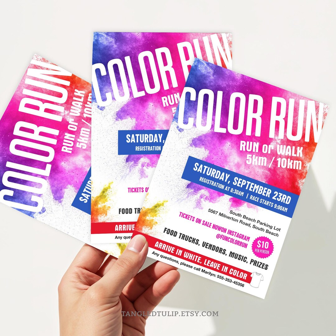 Editable Color Run Invitation Flyer and Poster, Colour Run Walk Event ...