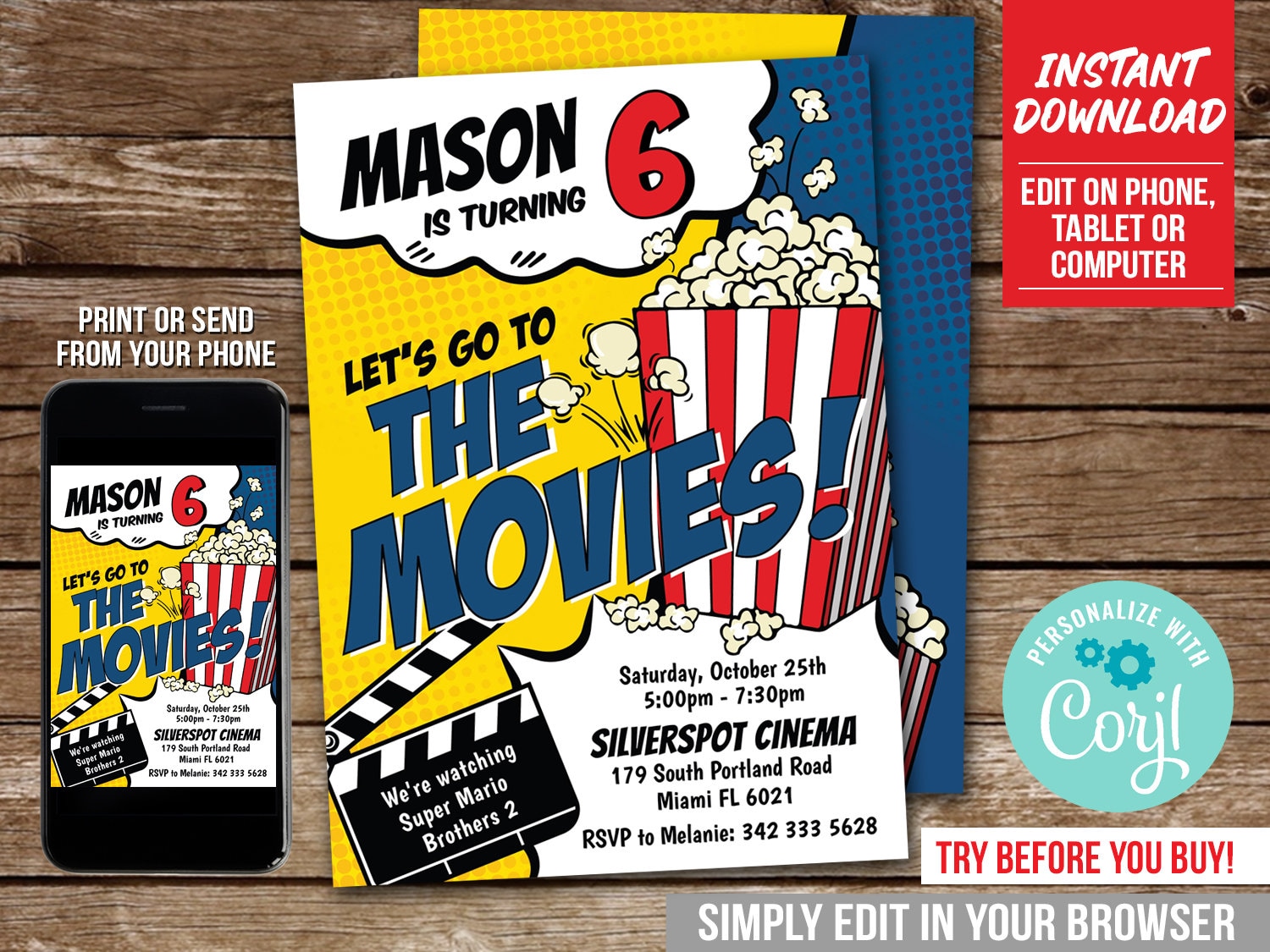 Movie Birthday Invitation | Boy Movies Popcorn Birthday Party Invite ...