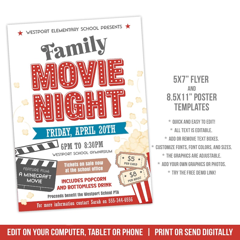 Family Movie Night Flyer | School & Community Fundraiser Event Poster ...