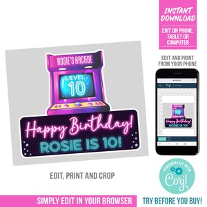 Editable Arcade Party Cake Topper, Arcade Birthday Personalized Cake ...