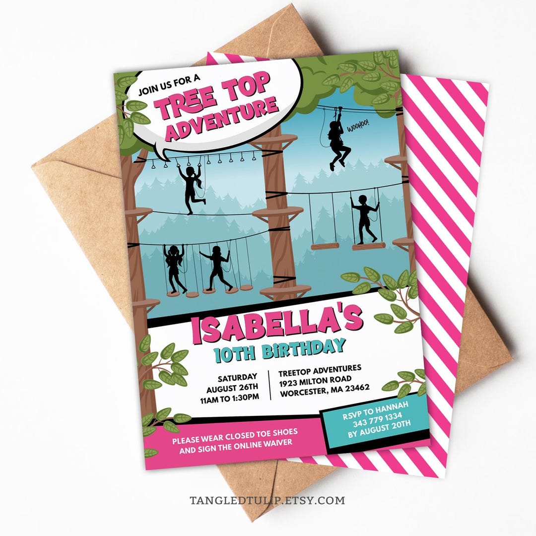 Rope Course Birthday Invitation | Girl Zipline Tree Top Adventure Party ...