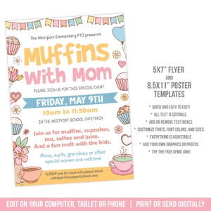Muffins With Mom Invitation Flyer, Editable School Mother's Day ...