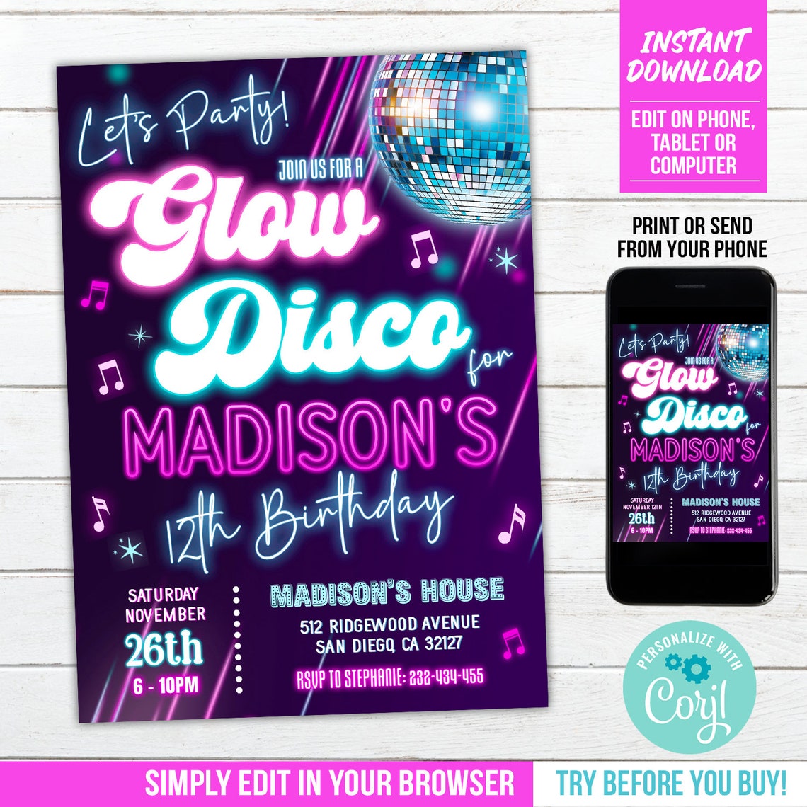 Disco Birthday Invitation | Girl Glow Disco Birthday Party Invite ...