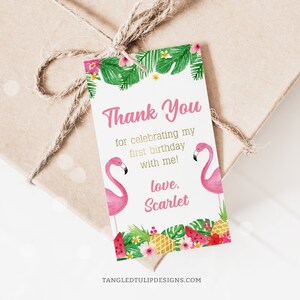 Editable Flamingo First Birthday Tags, 1st Birthday Favor Tag Template ...
