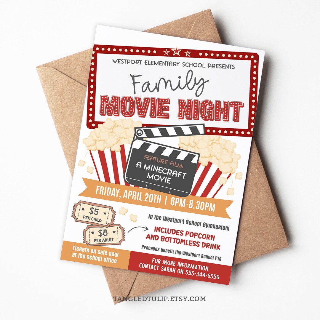 Editable Movie Night Flyer, Family Movie Night Fundraiser Flyer and ...