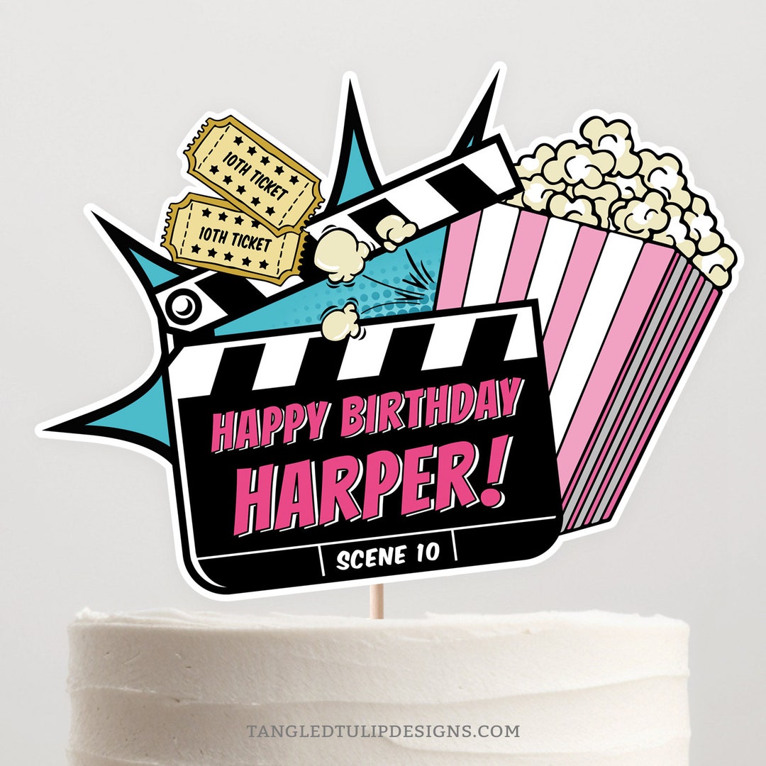 Movie Theme Cake Topper, Custom Cake Topper Girl, Movie Party Printable ...