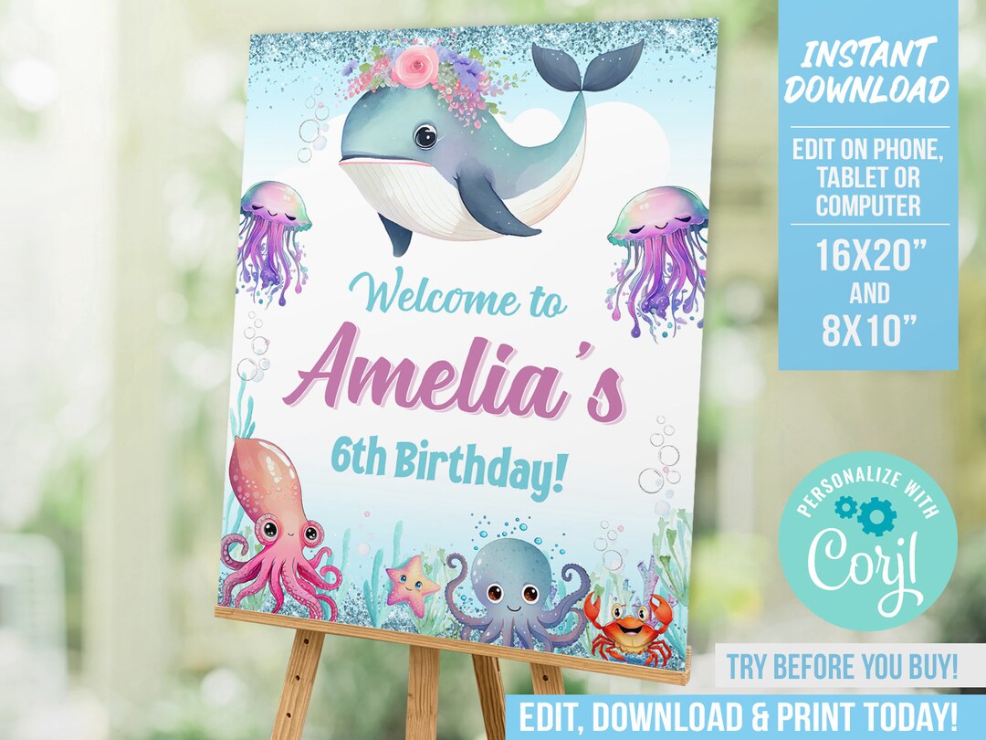 Editable Under the Sea Birthday Sign Girl Party Welcome Sign - Etsy