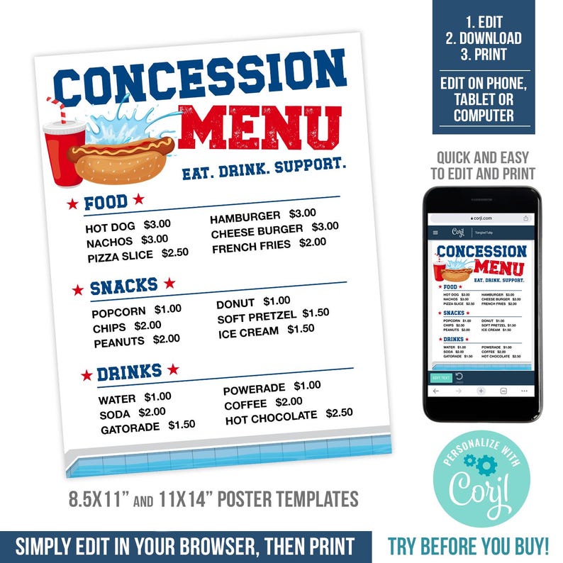 Swim Meet Concession Menu Poster | Swimming Pool Refreshment Stand ...
