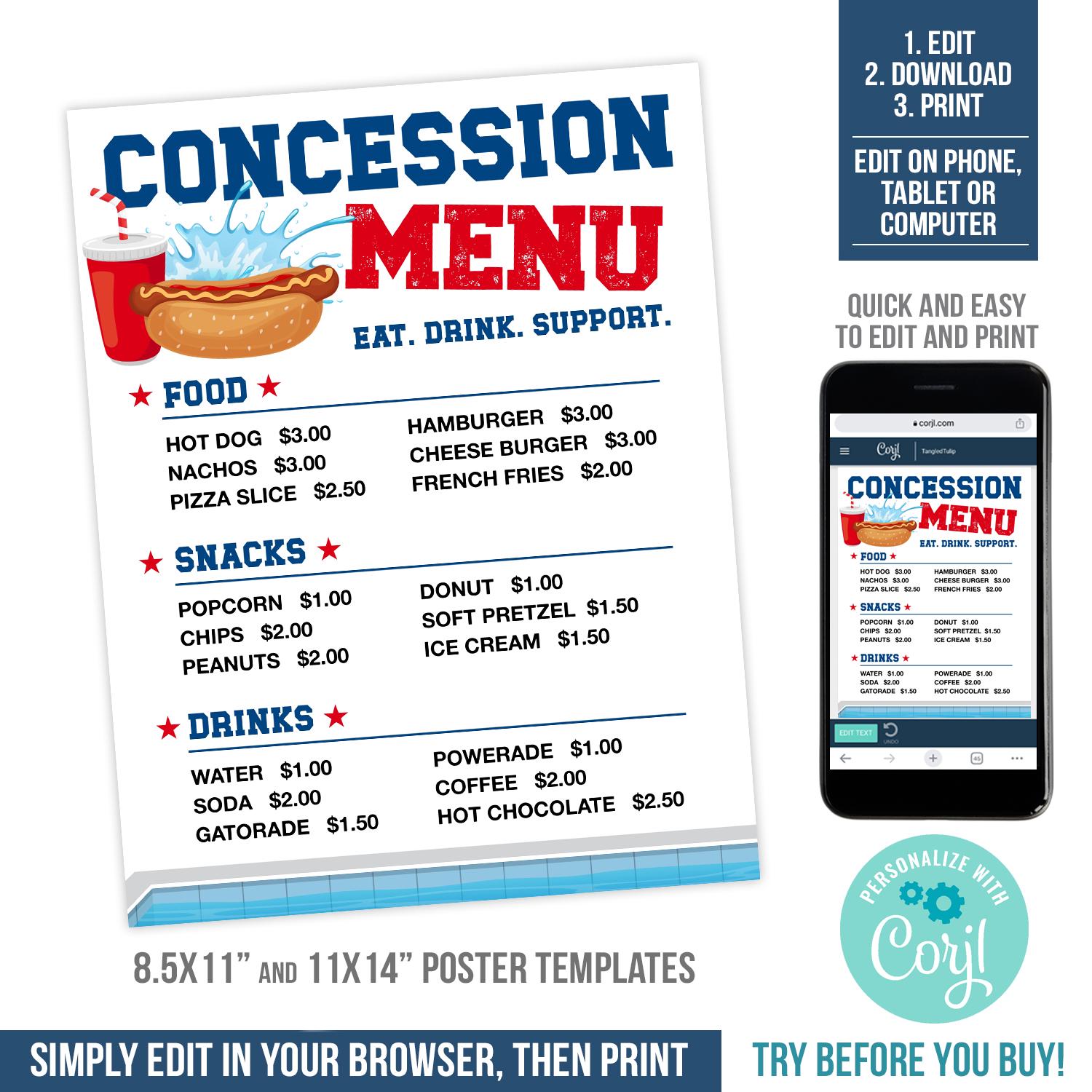 Swim Meet Concession Menu Poster | Swimming Pool Refreshment Stand ...