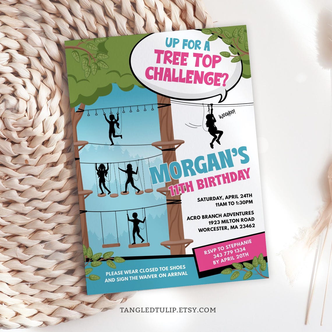 Rope Course Birthday Invitation | Girl Zipline Tree Top Adventure Party ...
