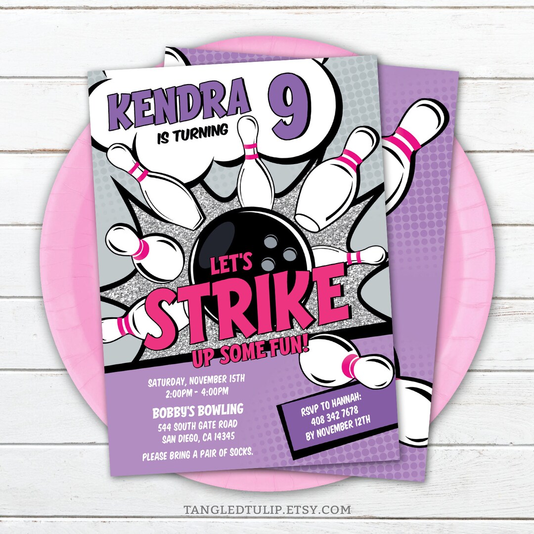 Editable Bowling Party Invitation Girl Strike up Some Fun Bowling ...