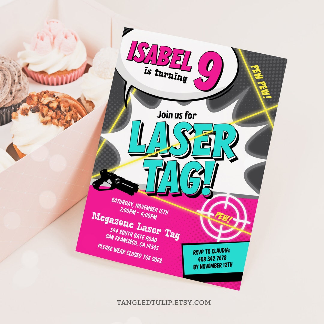 Editable Laser Tag Birthday Invitation Girl Lasertag Neon Party Invite ...