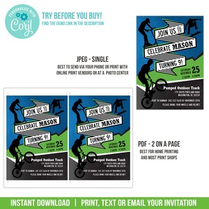 Editable Biking BMX Skater Party Invitation Boy Birthday Invite Scooter ...