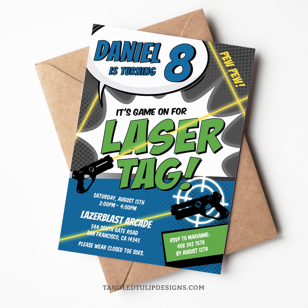 Laser Tag Party Invitation Template. Editable Party Invite Green Blue ...