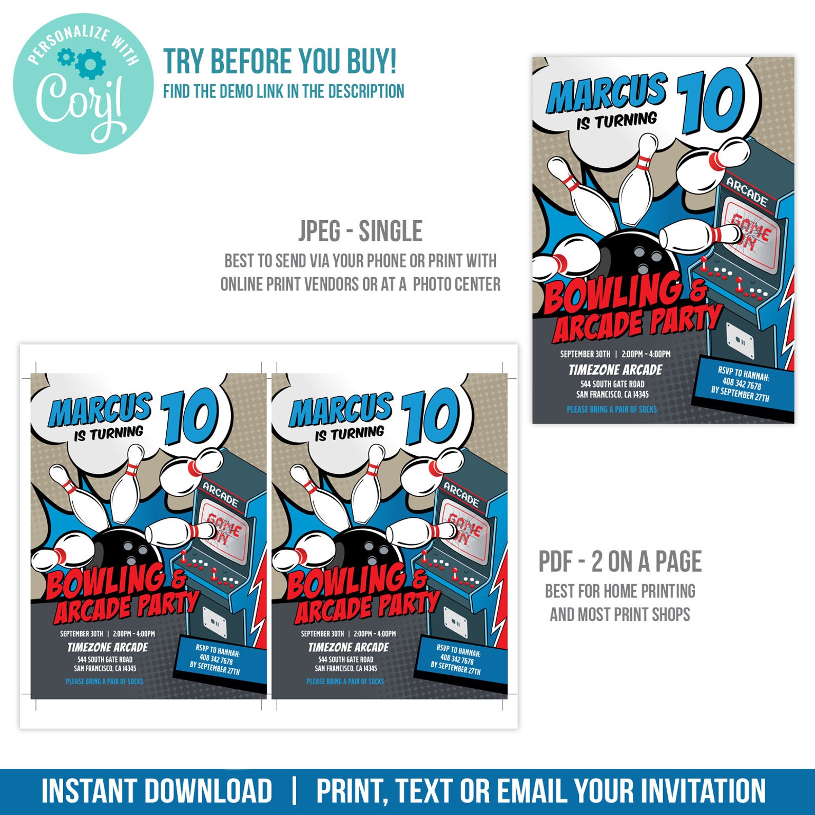 Invitación de cumpleaños de bolos arcade / Invitación para fiesta de ...