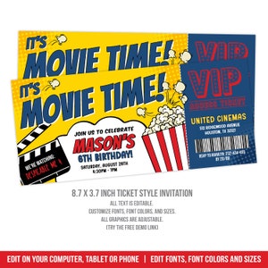 Movie Party VIP Ticket Invitation, Boys EDITABLE Movie Birthday Invite ...