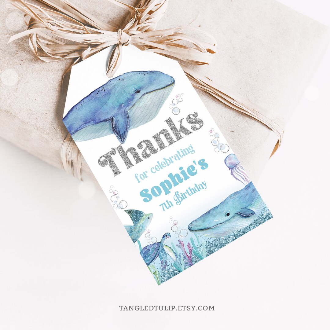Whale Birthday Favor Tags Whales Party Gift Tags Under the Sea Glitter ...