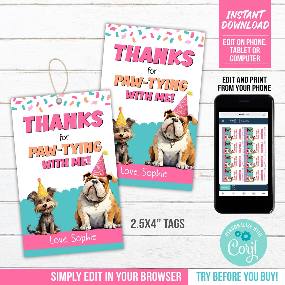 Puppy Birthday Thank You Favor Tags | Paw-ty Party Favor Tag Template ...